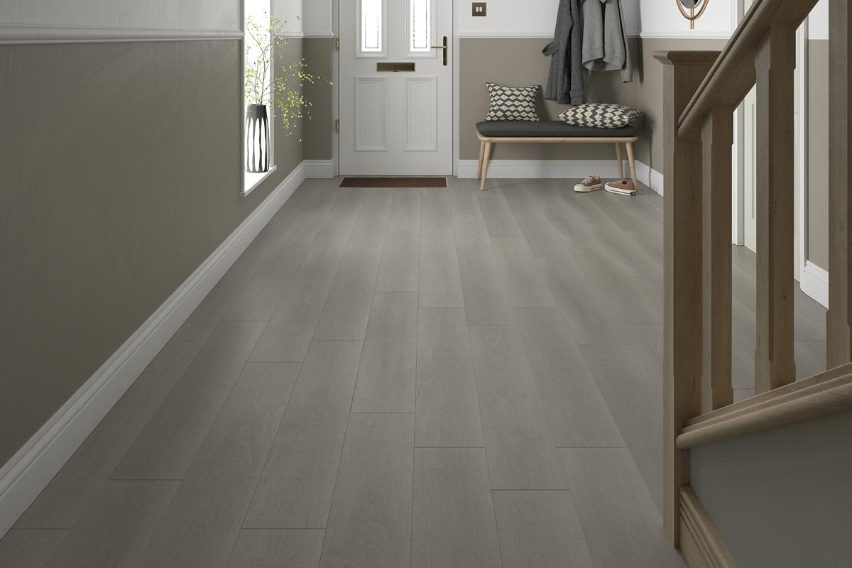 Series Woods 8mm Acoustic Laminate Dove Grey Oak Built-in Underlay
