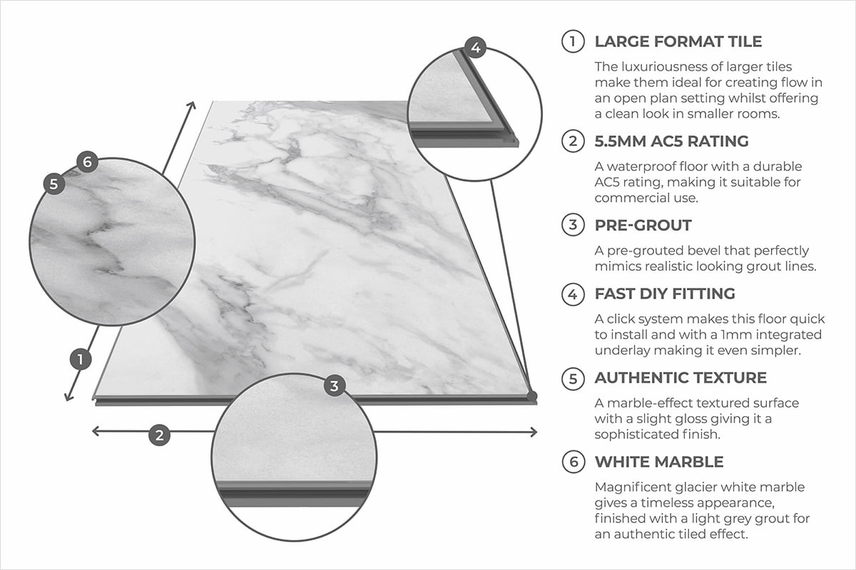 Audacity Rigid Core Pre-Grout Click Vinyl White Marble Tile Built-in U
