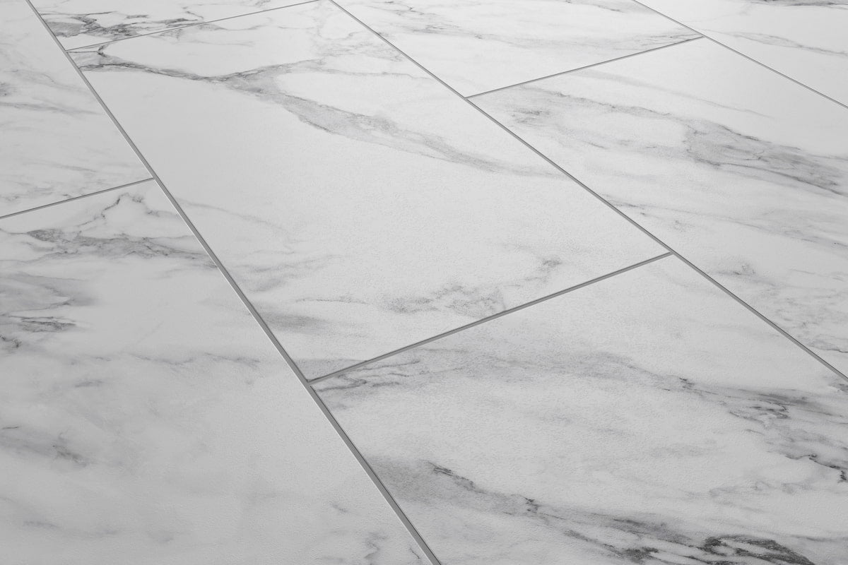 Audacity Rigid Core Pre-Grout Click Vinyl White Marble Tile Built-in U
